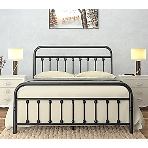 AMBEE21 Vintage Queen Metal Bed Frame with Headboard and Footboard Platform / Wrought Iron / Heavy Duty/ Solid Metal Slat / Textured Black / No Box Spring Needed/ Industrial & Farmhouse