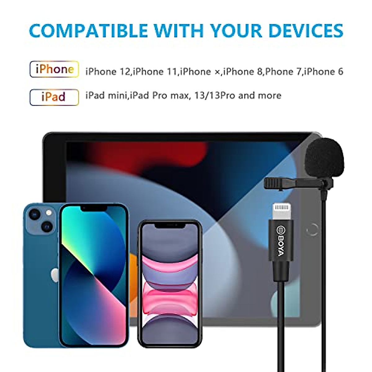BOYA Lavalier Lightning Microphone for iOS iPhone 11 Vlog, 20 ft/6m by-M2 Lapel Universal Mic with Lightning Plug Adapter for iPhone 11 10 X 8 7 MAC YouTube Video Facebook Live