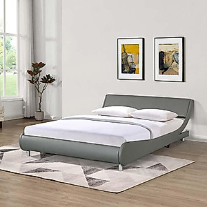 Queen Size Leather Upholstered Platform Bed Frame with Comfortable Headboard and Footboard, Modern Curve Design Platform Bed with Sturdy Bed Frame/Wood Slats Support/Easy Assemble for Bedroom (Grey)