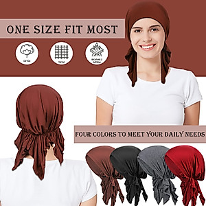 Oumrote 4 Pieces Soft Cotton Chemo Headwear for Women, Stretch Pre-Tied Chemo Head Scarves for Cancer
