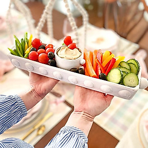 Mud Pie Beaded Dip and Tray Set, 4" x 14" 3 3/4" x 2" Dia, White