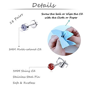 Tornito 20G 18 Pairs Stainless Steel Multicolor CZ Stud Earrings Set Piercing Cartilage Helix Earrings Set Screwback for Women 3MM-5MM