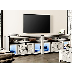 WAMPAT TV Stand for 100+ Inch TVs, Set of 2 Tall Highboy Farmhouse Entertainment Center w/Mesh & Sliding Barn Doors, Extra Wide Wood Media Console w/Adjustable Shelf & Blue LED Lights, Antique White