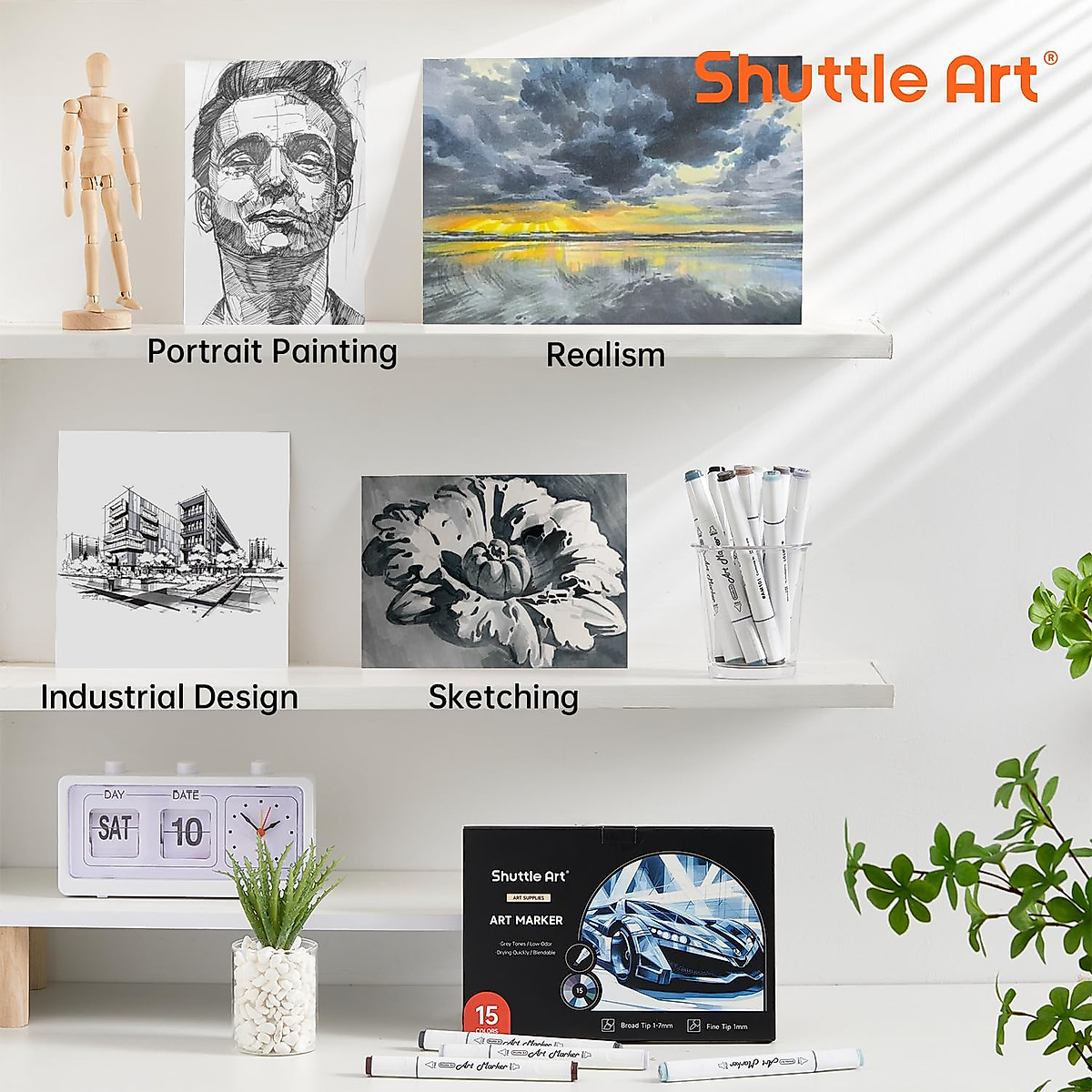 Shuttle Art 15 Colors Grey Tones Dual Tip Art Marker, Permanent Marker Pens Double Ended with Fine Bullet and Chisel Point Tips Perfect for Drawing,Shading,Sketching,Designing,Outlining,Illustrating