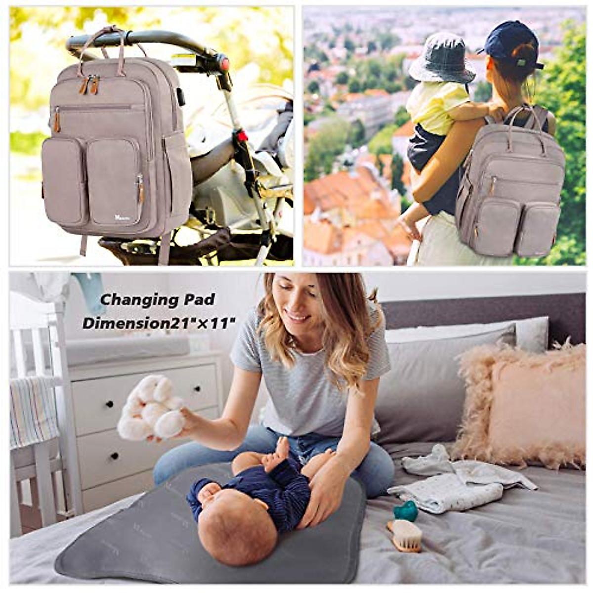 Mancro Diaper Bag Backpack, Baby Bags for Mom and Dad Maternity Diaper Bag for Girls, Large Capacity Waterproof Bag with USB Charging Port, Insulated Pockets, Stroller Straps, Grey