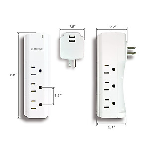 Wall Outlet Extender Surge Protector ZLMHONE 9AC Multiple Plug Outlet and 2 USB Charging Ports, 3-Sided Spaced Widely Wall Outlet Extender with Rotating Plug for Home, Office, Travel