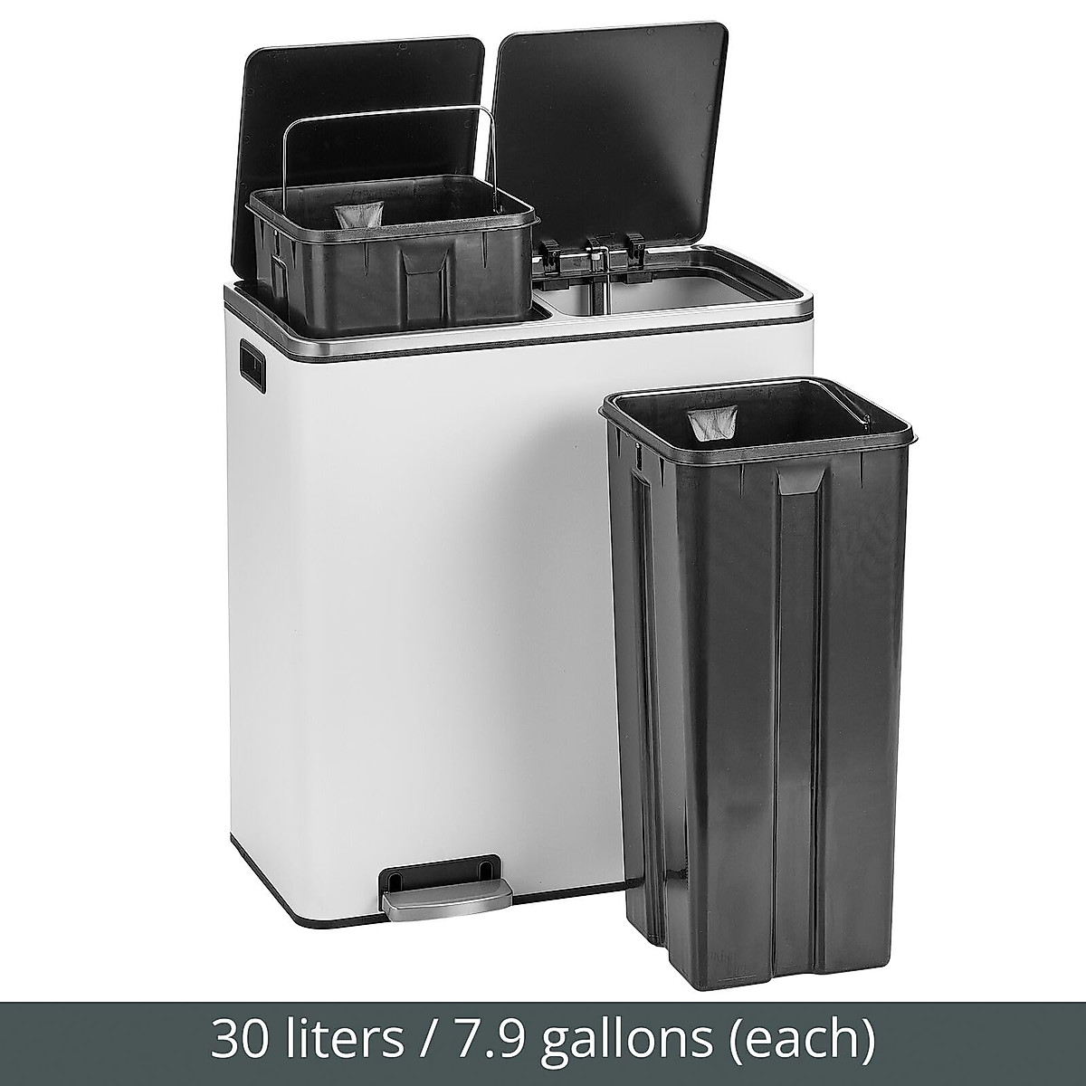 mDesign Metal Steel 16 Gallon/60-Liter, Large Dual Compartment Step Trash Can; Double Bin Trash Can/Recycler Combo for Kitchen; Holds Garbage, Recycling; Features Two Removable Liner Buckets - White