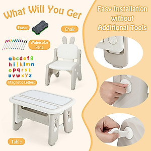 Costzon Kids Table and Chair Set, Graffiti Activity Table w/Flip-Top Tabletop Bookshelf, Erasable Magnetic Drawing Board, Storage, Adjustable Height for Drawing, Toddlers Art Table & Chair (Gray)