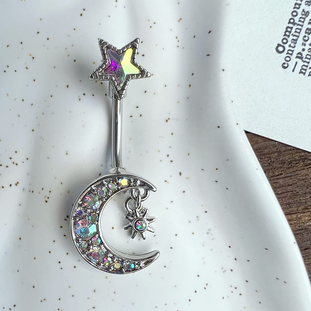 Pierce2GO Crystal Moon Belly Button Ring - 14G Surgical Steel Belly Button Ring Moon Pendant with Hanging Star - Belly Button Rings Piercing for Women – 7/16” (Silver)