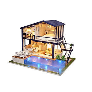 CUTEROOM Dollhouse Miniature with Furniture, 3D Wooden Miniature Doll House with Music Box & LED Lights,1:24 Scale DIY House Kit (A066)