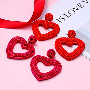 YAHPERN 2 Pairs Beaded Heart Earrings Valentine’s Day Earring for Women Handmade Love Heart Drop Dangle Earrings Birthday Party Valentine’s Day Gifts (Style A)