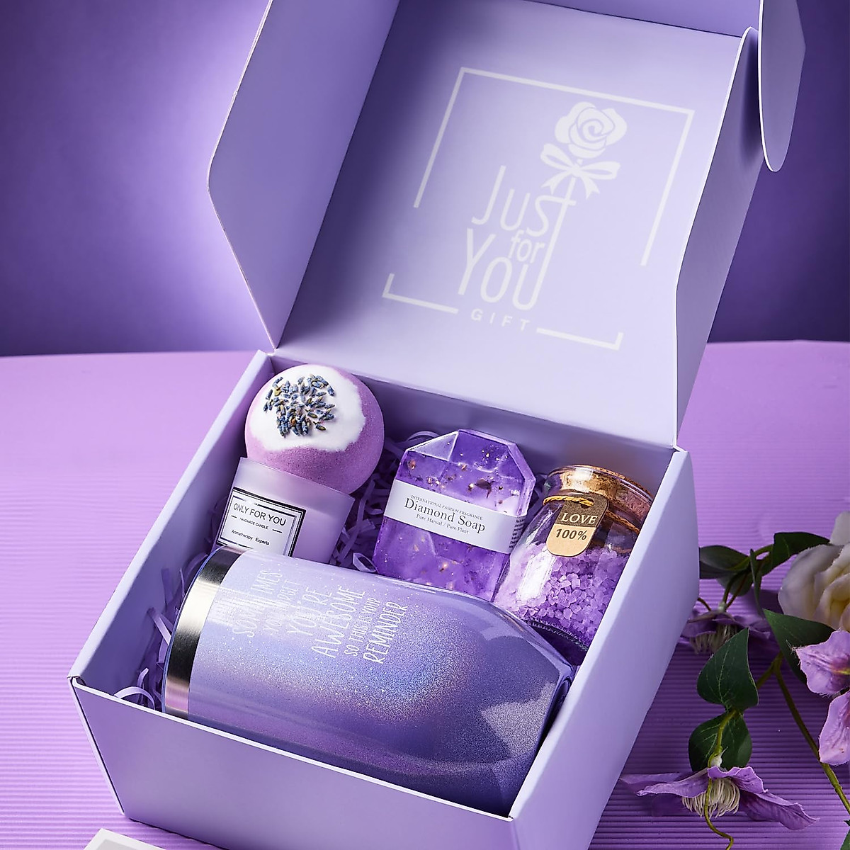 Gifts for Women, Mom, Wife, Girlfriend, Sister, Her - Happy Birthday, Christmas, Valentine's Day, Mothers Day Gifts - Lavender Spa Gift Basket Set