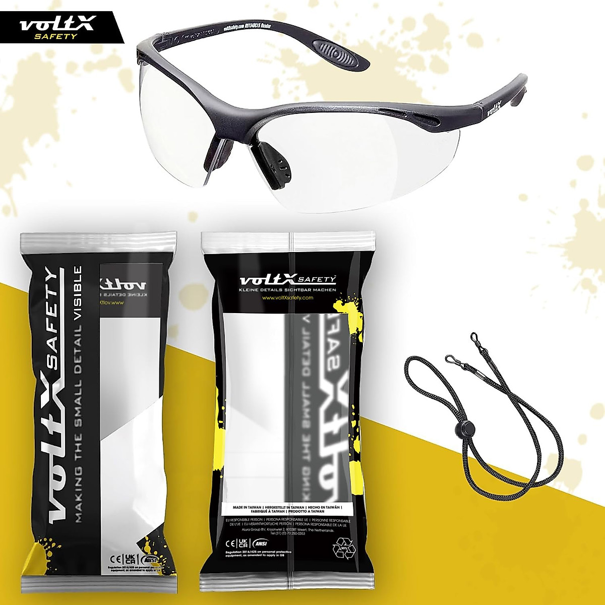 voltX 'Constructor' SAFETY READERS (CLEAR +2.0 Dioptre) Full Lens Reading Safety Glasses ANSI Z87.1+ & CE EN166F, Wraparound Style - Includes Safety Cord with headstop - UV400 anti fog coated lens