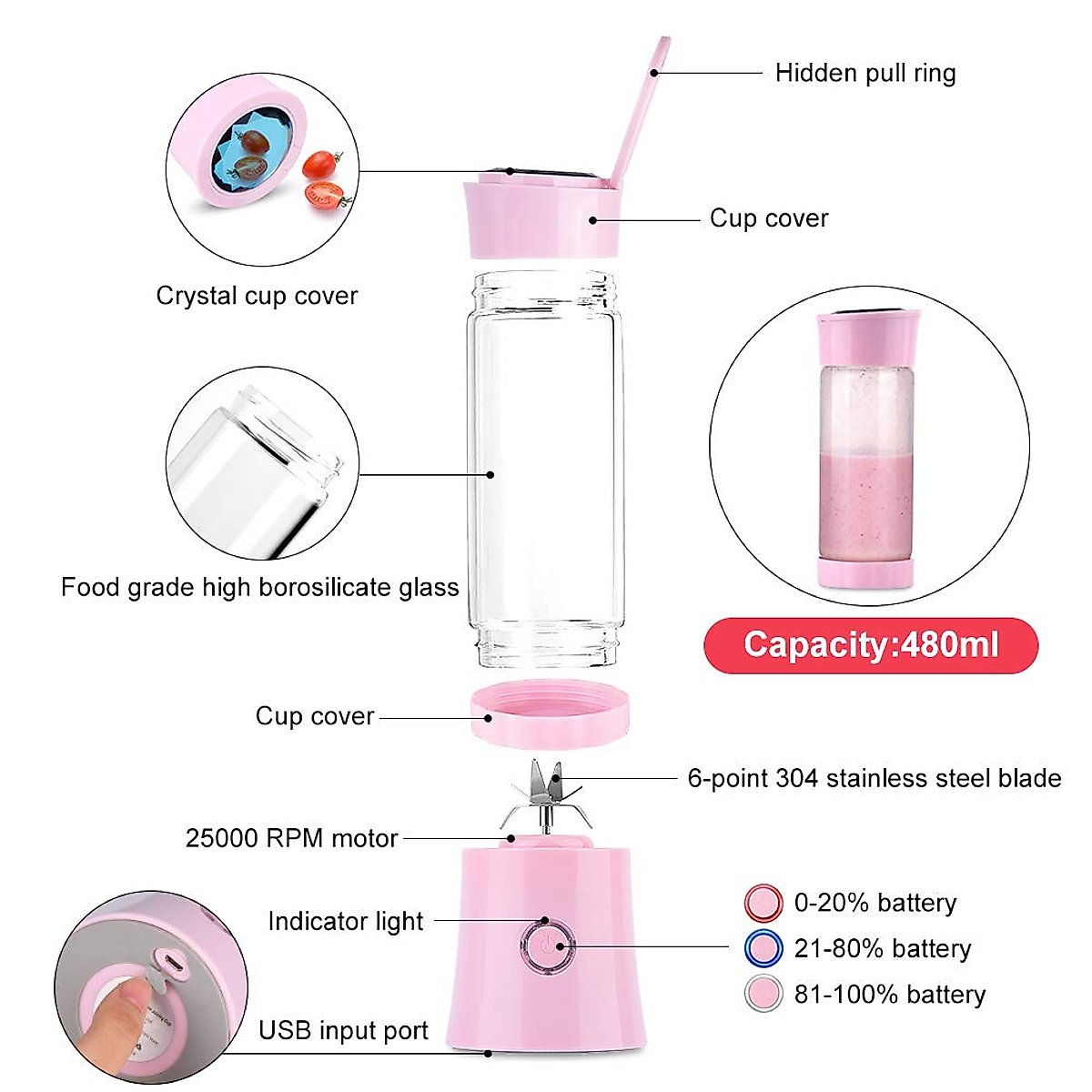 Taillansin【2019 Newest】Portable Blender, Multi-functional Travel Electric Juice Cup with USB Rechargeable Small Blender for Shakes and Smoothies, Stronger and Faster with Stainless Steel 6-Blades(FDA BPA free)