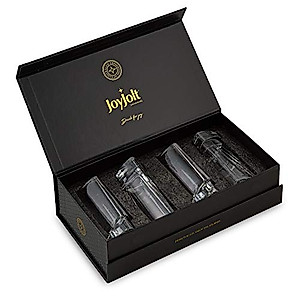 JoyJolt Aqua Vitae Shot Glass Set of 4. Crystal Shot Glasses, Triangle Clear Shot Glasses Set with Off Set Base. 1 – 2 oz Cups for Tequila, Limoncello, Vodka or Aperitif. Fun Christmas Gifts