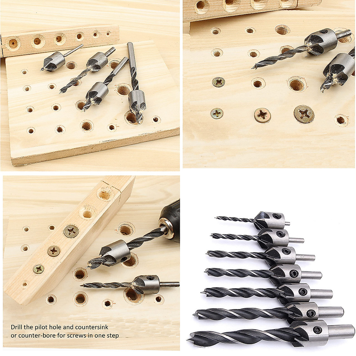 KEWAYO Countersink Drill Bits Set - 7Pcs High-Speed Steel Counter Sink Bits for Woodworking Carpentry, Includes 1 Free Hex Key Wrench