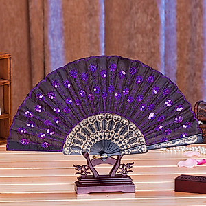 IADZ Folding Fan,Decorative Fan Peacock Pattern Folding Hand Held Fan Embroidered Sequin Party Wedding PromDecorative Fans
