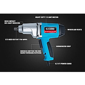 WILD EDGE Impact Wrench Kit, Heavy Duty 1/2 Inch Drive Corded Impact Gun, 7.5 Amp Max Torque 240 Ft-lbs & 2700 IPM, 4 Impact Sockets with Pin Anvil