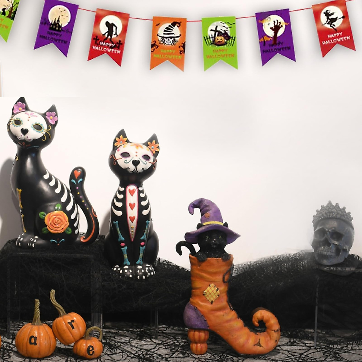 Newman House Studio Sugar-Skull Halloween-Decorations - Day-of Dead-Figurines Floral Cats Couple-Decor Dia de Los Muertos Black Kitten Collectibles Set of 2, 6.3L x 4.0W x 10.2H inch