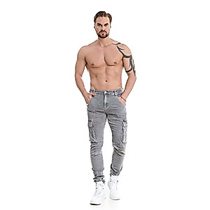 TEGIAS Mens Grey Slim Fit Stretch Jeans Classic Denim Work Pants with Pockets Casual Trousers 34