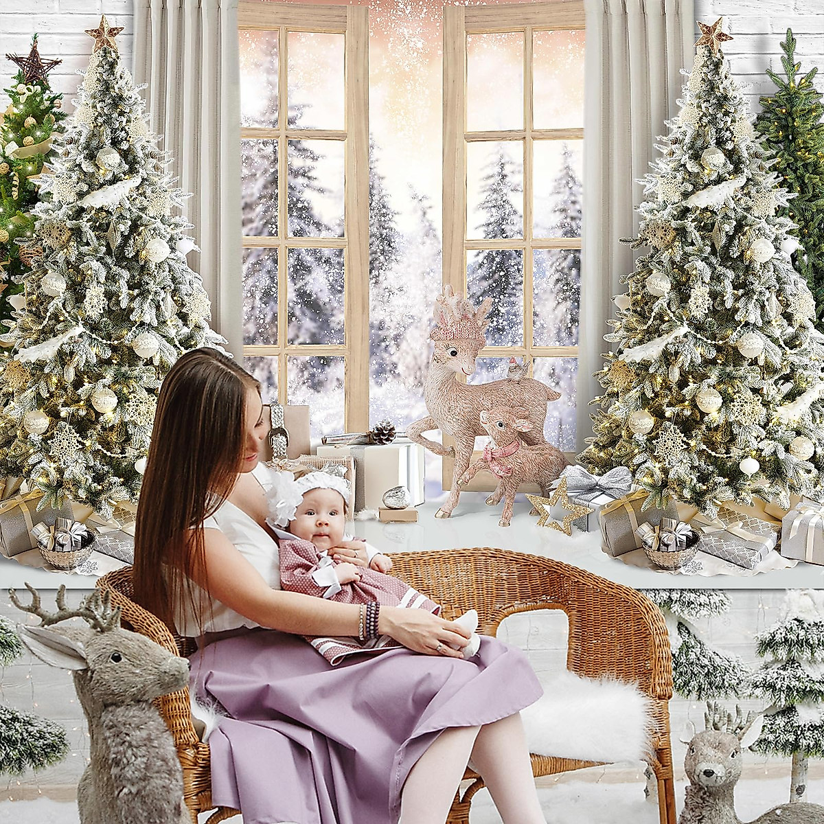 Avezano 10x8ft Christmas Backdrop Xmas Tree Christmas Window Snow Scene Photography Background Winter Holiday Family Portrait Kids Newborn Portraits Backdrops Photo Studio Props