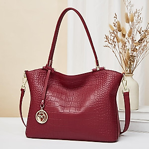 FOXLOVER Cow Leather Tote Bags for Women Large Capacity Top-Handle Handbag  Crocodile Pattern Women’s Shoulder Bag Purse Ladies Casual Crossbody Bag Hobo Bags