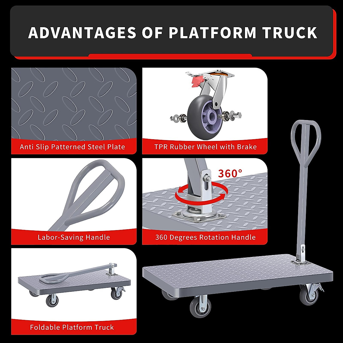 Heavy Duty Platform Truck Flat Cart,Steel Push Cart Dolly with 2200 LBS Capacity,Flatbed Cart with 360 Degree Swivel Handle,Metal Platform Cart for Material Handling (36"x24")
