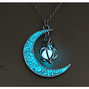Rckcu Glow in The Dark Silver Crescent Moon and Orb Necklace - Glowing Blue Moon Charm - Magical Fantasy Fairy Glowing Necklace - Glow Jewelry (blue-green)