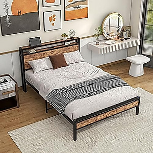 JUYETOA Twin Size Bed Frame with Wooden Headboard and Footboard, Strong Metal Slats Support for Mattress Foundation, No Box Spring Needed, Easy Assembly, Noise Free