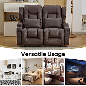 IPKIG 54.2" RV Loveseat Recliner | Double Recliner RV Sofa with Side Pockets | Faux Leather Reclining RV | RV Theater Seats |RV Theater Seating | RV Furniture, Manual Recliner Chair (Brown)