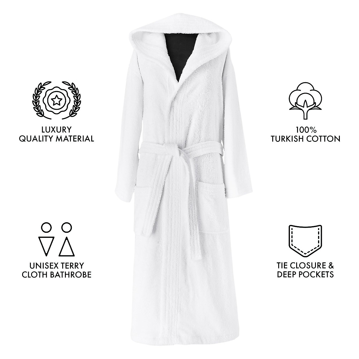 Classic Turkish Towels CTT - 100% Turkish Cotton Terry Cloth Hooded Bath Robe for Women & Men, 450 GSM Soft & Plush Long Robe | White (Medium - Large)