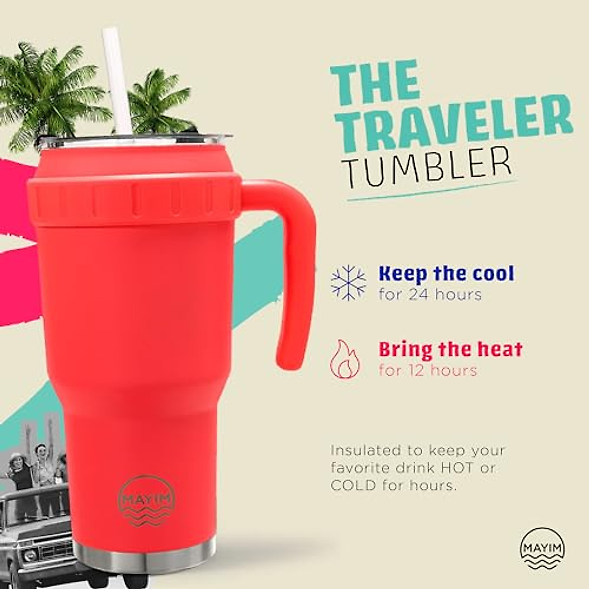 Mayim 40oz Tumbler with Handle, Travel Coffee Mug or Insulated Water Bottle with Straw and Lid, Leak Proof Stainless Steel Double Wall Thermos for Home, Office or Car - Neon Orange