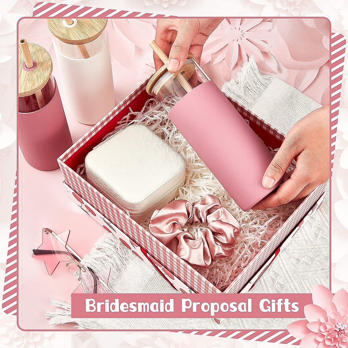 Nuenen 8 Pieces Bridesmaid Proposal Gifts Mason Jar Cups Bottle 17.6 oz Iced Coffee Tumbler Mug Reusable Water Glass Tumbler with Straw and Lid Bamboo Silicone Protective Sleeve for Drinking Wedding