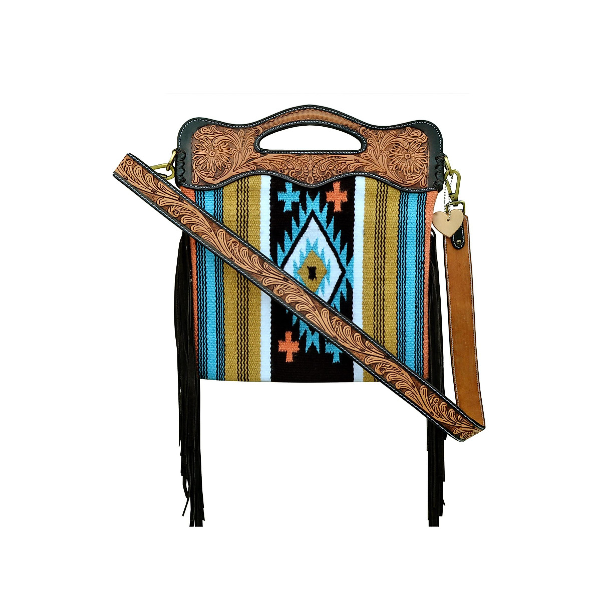 Affilare Saddle Blanket and Leather Crossbody Shoulder Bag with Fringes and Leather Hand Tooled Strap and Leather Hand tooled Panels 20AB010