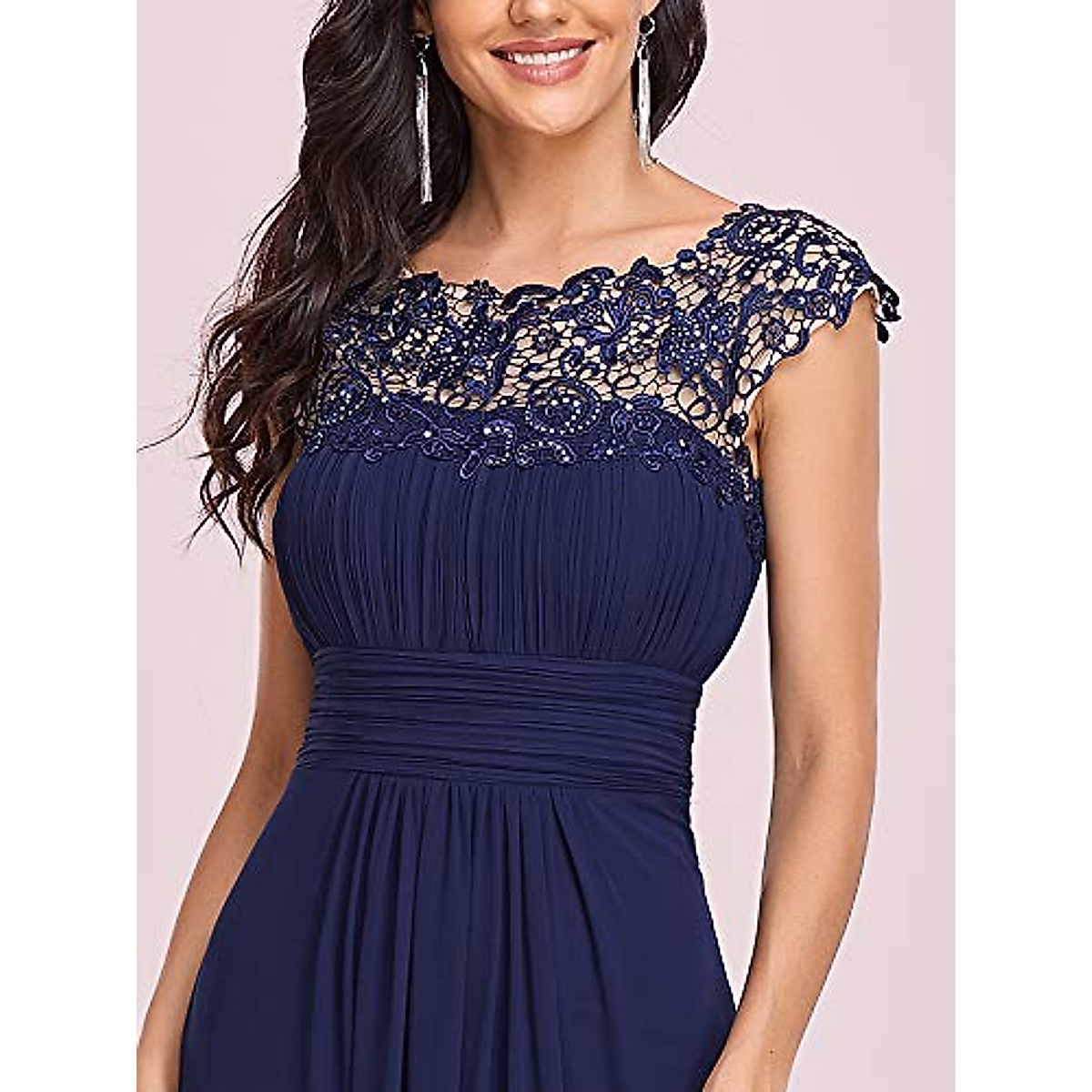 Ever-Pretty Maxi Long Chiffon Wedding Guest Dresses for Women Lace Formal Dresses Navy Blue US18
