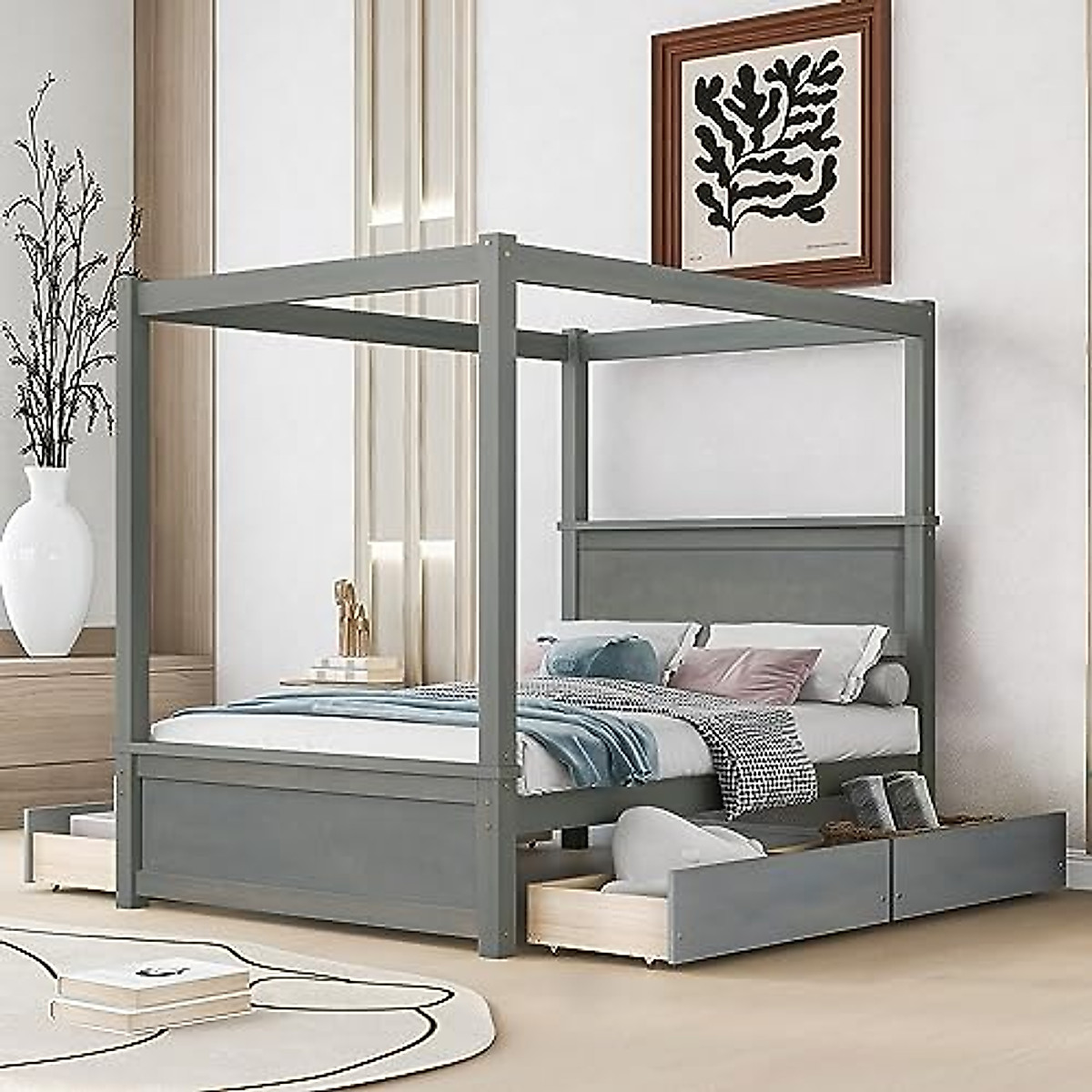 WADRI Modern Full Size Canopy Platform Bed with 4 Drawers, Wood Canopy Platform Bed with Support Slat, 4-Post Canopy Platform Bed Frame for Kids Teens Adult, No Box Spring Needed (Brushed Gray-3)