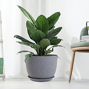 UOUZ 12inch Large Plant Pot, Modern Plastic Planter with High Driange Holes and Saucer for Indoor Outdoor Garden Plants and Flowers, Grey Speckles
