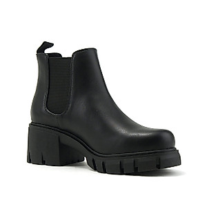 Soda PIONEER ~ Women Lug Sole Mid Heel Chelsea Fashion Ankle Bootie w/Double Elastic Gore (Black, numeric_7)