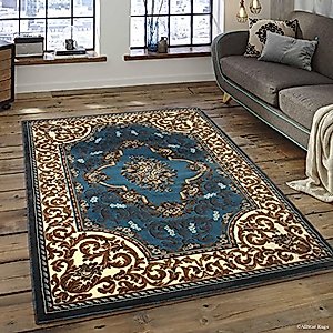 Allstar 8x10 Turquoise and Ivory Classic French Country Machine Carved Effect Rectangular Accent Rug with Mocha and Espresso Bordered Medallion Design (7' 9" x10' 1")