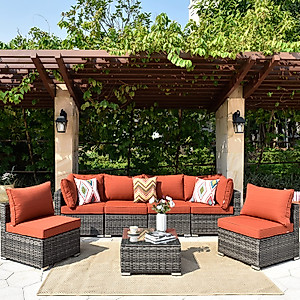 XIZZI Patio Furniture Sectional Sofa with Glass Table 7 Piece Outdoor Patio Furniture Sets All Weather Wicker Rattan Couch, Backyard Patio Conversation Sets (Orange Red)