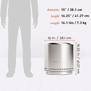 Solo Stove Ranger Portable Smokeless Fire Pit, Stainless Steel with Removable Ash Pan - For Camping, Outdoor, 15.25in H x 15in Dia, 16.5lbs