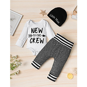 Baby Boy Clothes 0-3 Months Baby Clothes Boy New to The Crew Print Romper Pants Hat 3PCS Baby Boy Outfits White