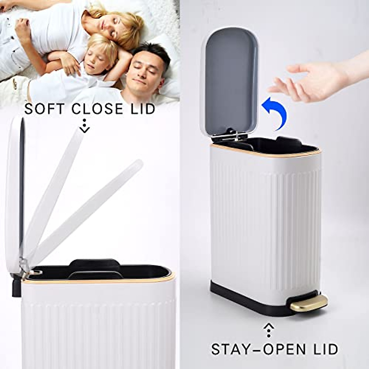 CEROELDA White Bathroom Trash Can with Lid-Stainless Steel Step Slim Garbage Can-Metal Wastebasket-10L/2.6 Gallon Rectangle Pedal Trash Bin for Narrow Office, Kitchen, Bedroom, Toilet-Soft Close