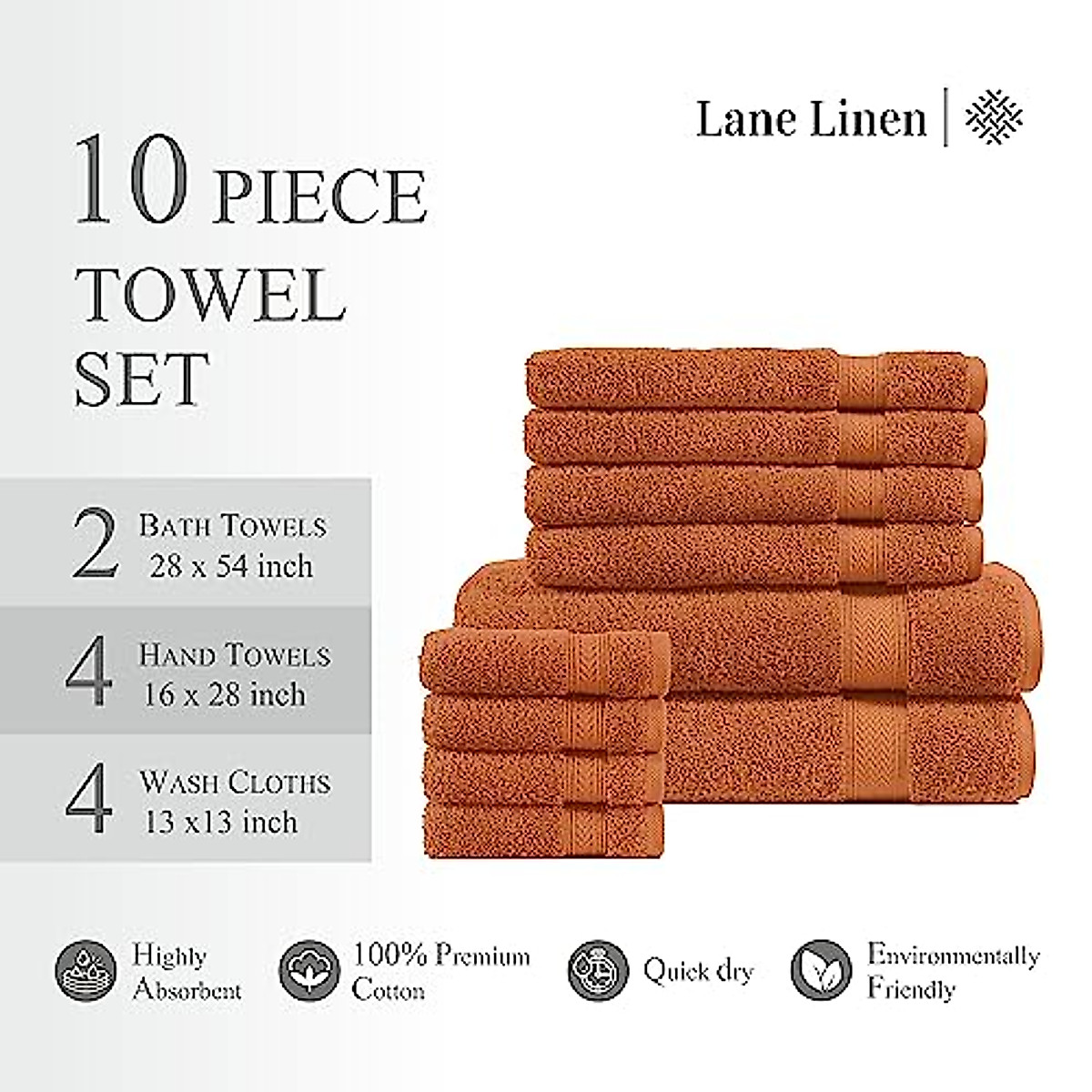 LANE LINEN 100% Cotton Bath Towels Set of 10, 2 Large Bathroom Towels, 4 Soft Hand Towels for Bathroom, 4 Wash Towels, Large Gym Shower Towels Hotel Quality, Absorbent Towels Quick Dry - Tiger Lily