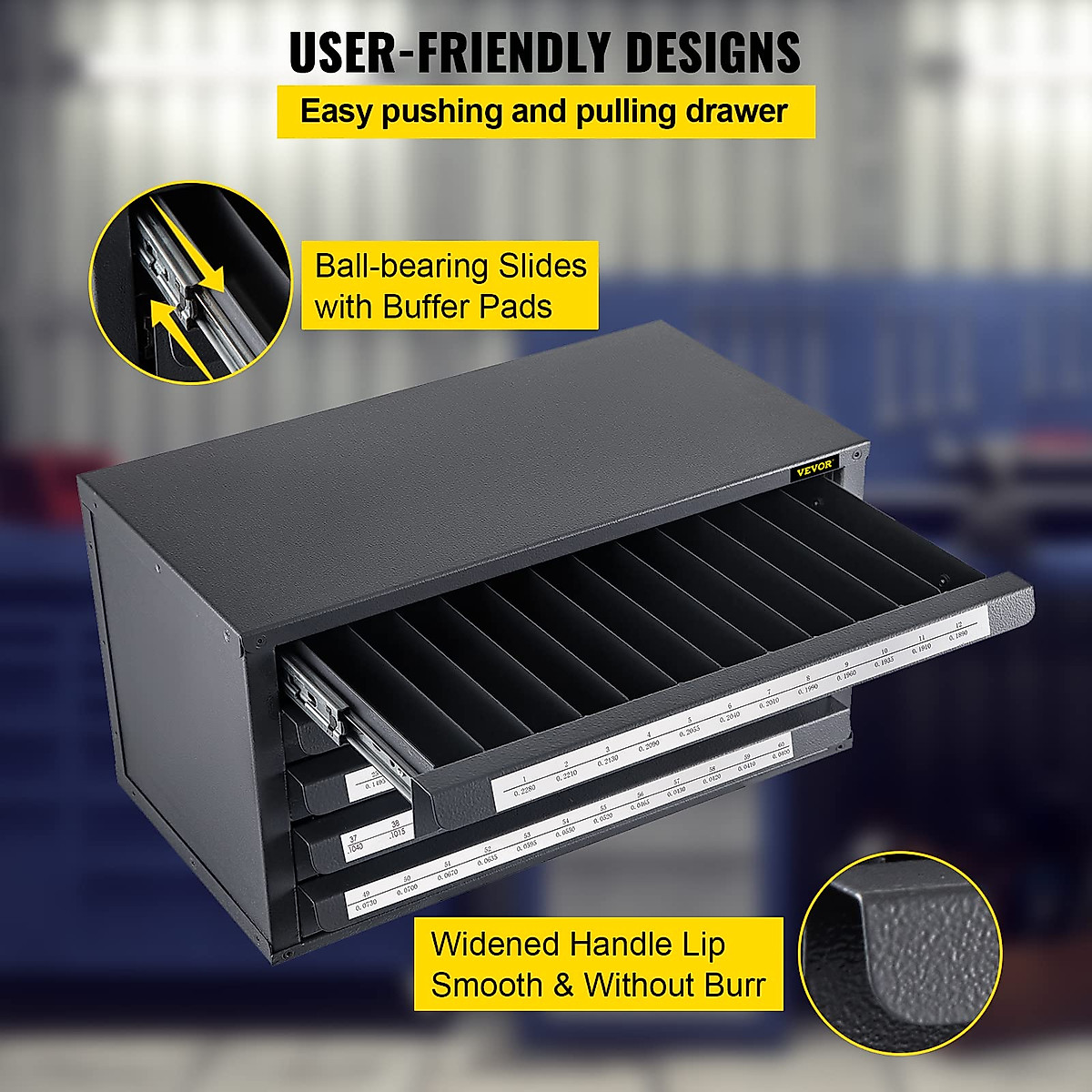 VEVOR Drill Bit Dispenser Cabinet, Five-Drawer Drill Bit Dispenser, 60-Compartment Drill Bit Organizer Cabinet, Drill Dispenser Organizer Cabinet Holder for Jobber Length Wire Gauge Sizes #1 to #60