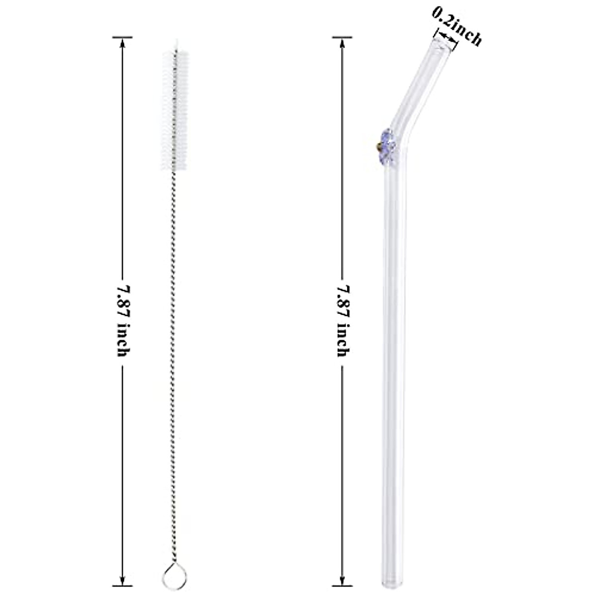 KIGOTWIN Reusable Glass Straw with Flower ,Colorful Shatter Resistant Bend Straws Cocktails Bar Accessories with Cleaning Brush (8), Blue,Green,White,Grey,Pink,Purple