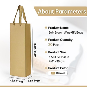 CZWESTC 20 Pack Kraft Paper Wine Bags with Handles Brown Wine Bottle Bags BulkWine Gift Bags Shopping Bags Party Bags Retails Bags Whiskey Champagne Bottles Bags-3.5×4.3×13.8 in