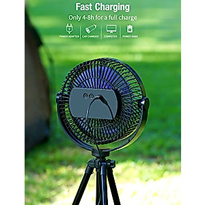 Koonie Standing Fan, 10000mAh Portable Rechargeable 8'' Battery Powered Pedestal Fan with Tent Hook 37Hours Working Time Adjustable Tripod 4 Speeds Fan for Bedroom Travel Fishing Beach Camping