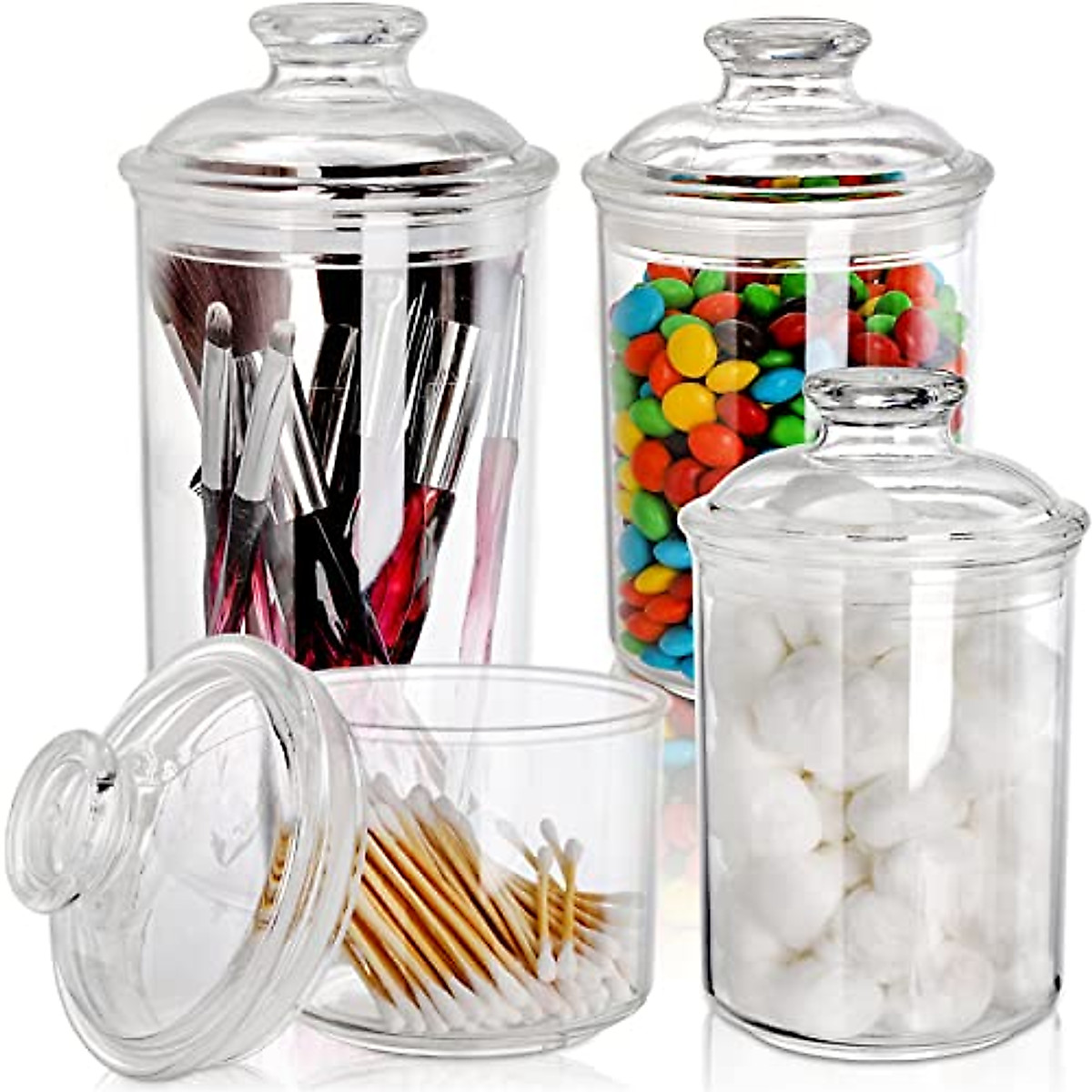 DEAYOU 4 Pack Clear Plastic Apothecary Jars, Plastic Storage Jar Canister with Airtight Lid, Cotton Qtip Holder Bathroom, Candy Cookie Container Organizer for Bath Salt, Vanity,33 Oz/23 Oz/13 Oz