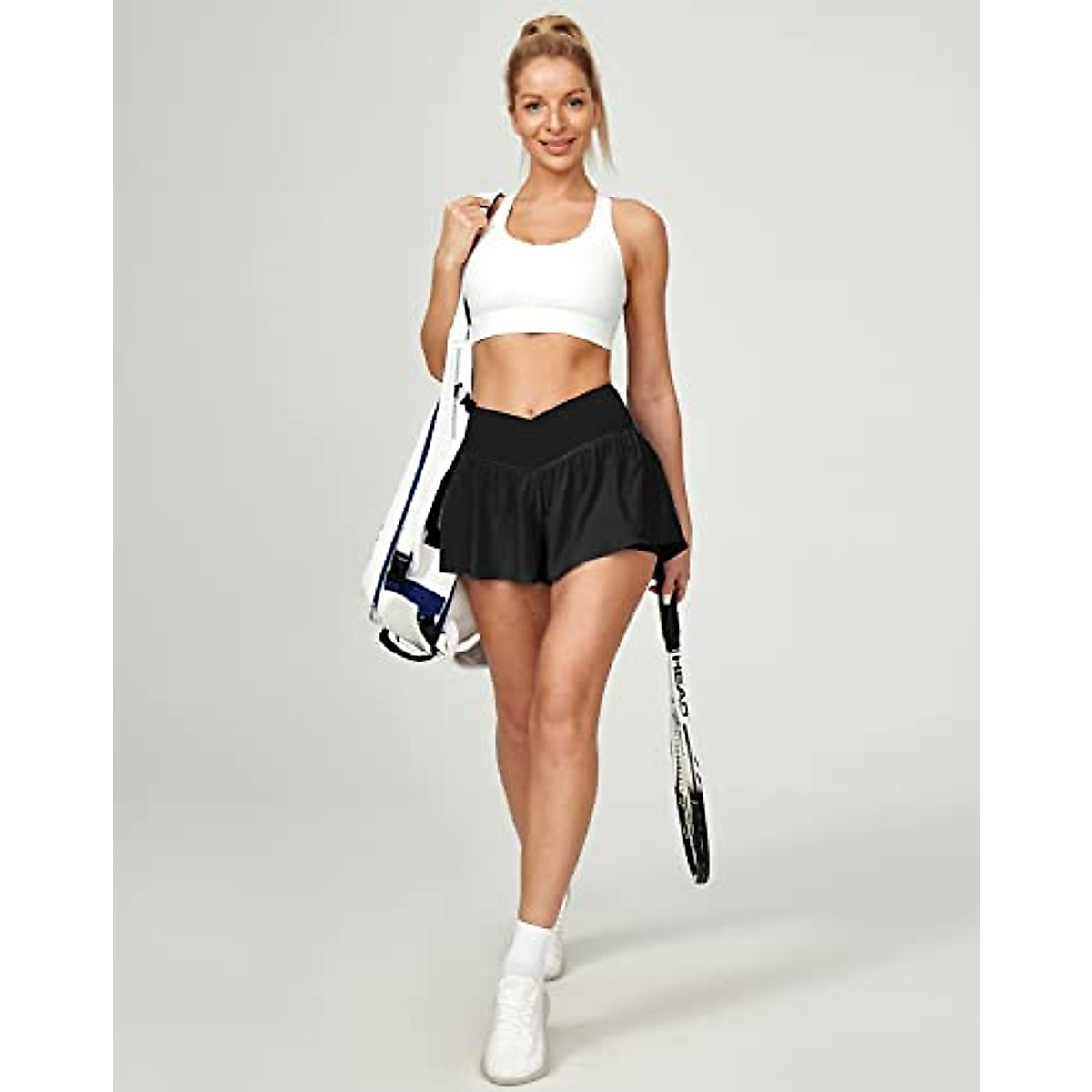 Ewedoos Crossover Flowy Athletic Shorts for Women with 3 Pockets 2 in 1 Butterfly Shorts High Waisted Running Shorts Black